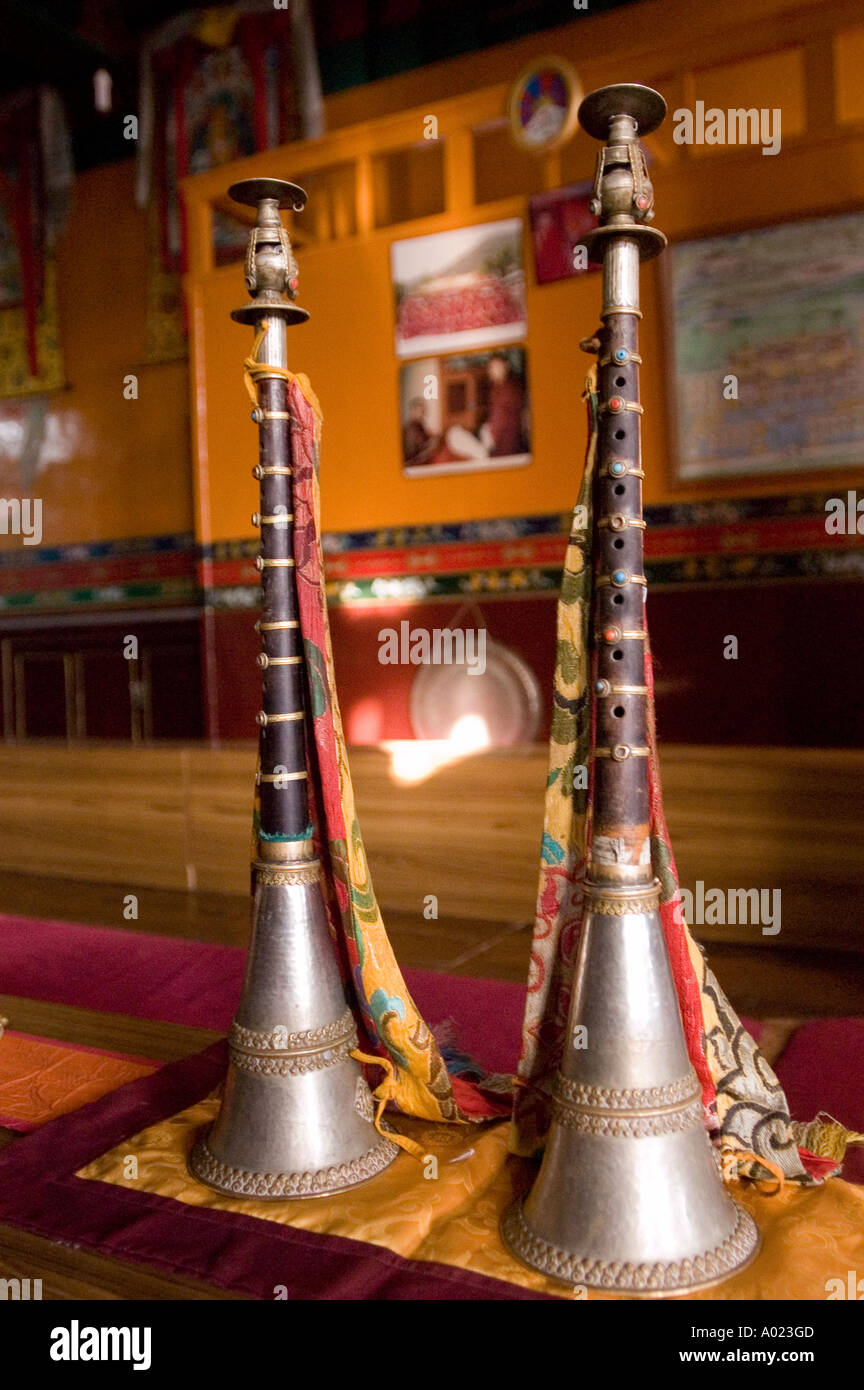 Traditional big Buddhist ritual music instruments trumpets at Dip Tse ...