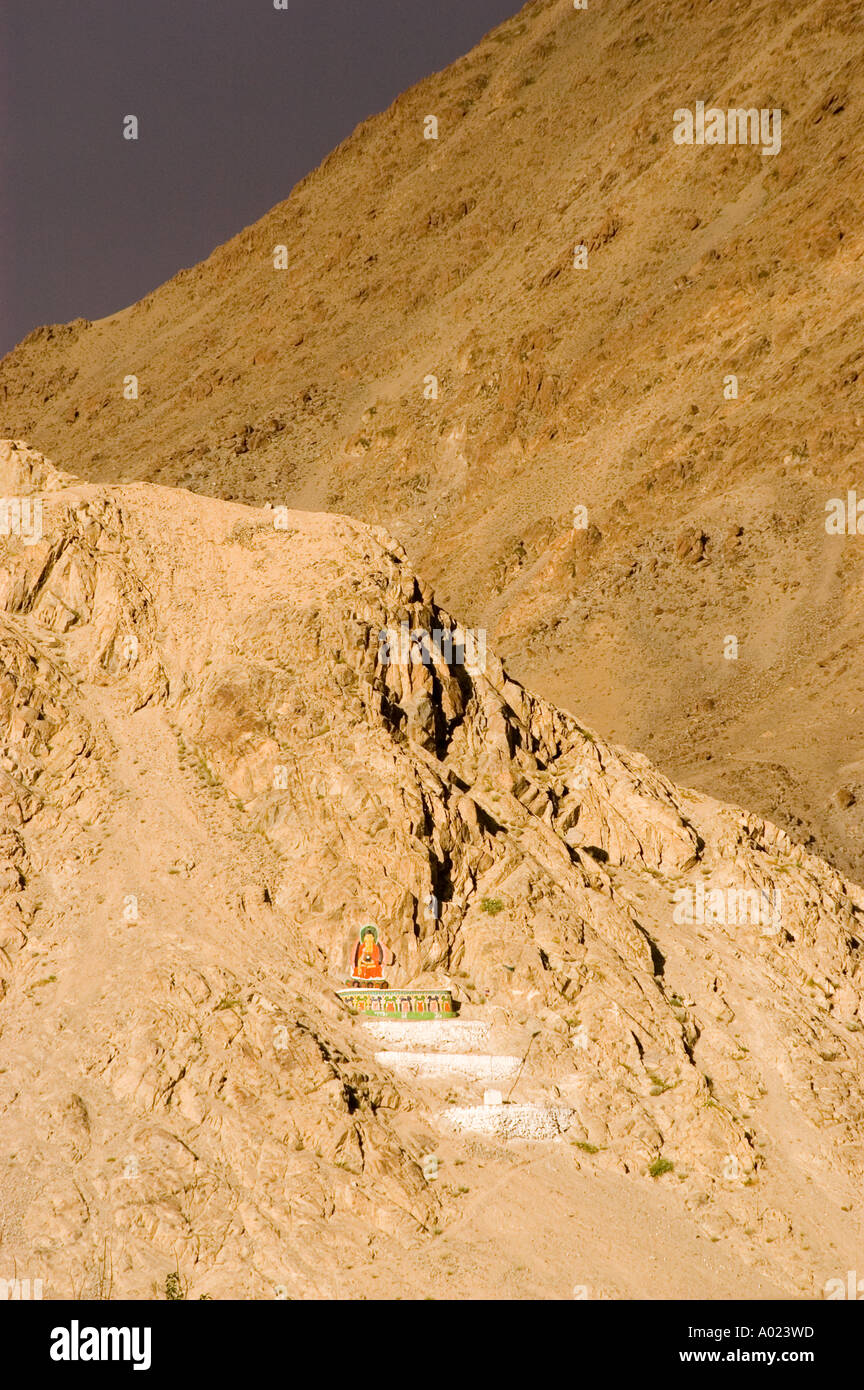 Scenic view of red Ladakh mountains with buddha image in Leh Ladakh ...