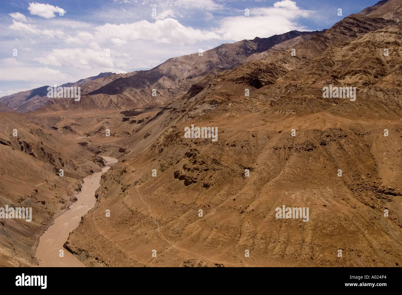 Aerial view of the yellow canyon gorge of the Indus River flowing ...
