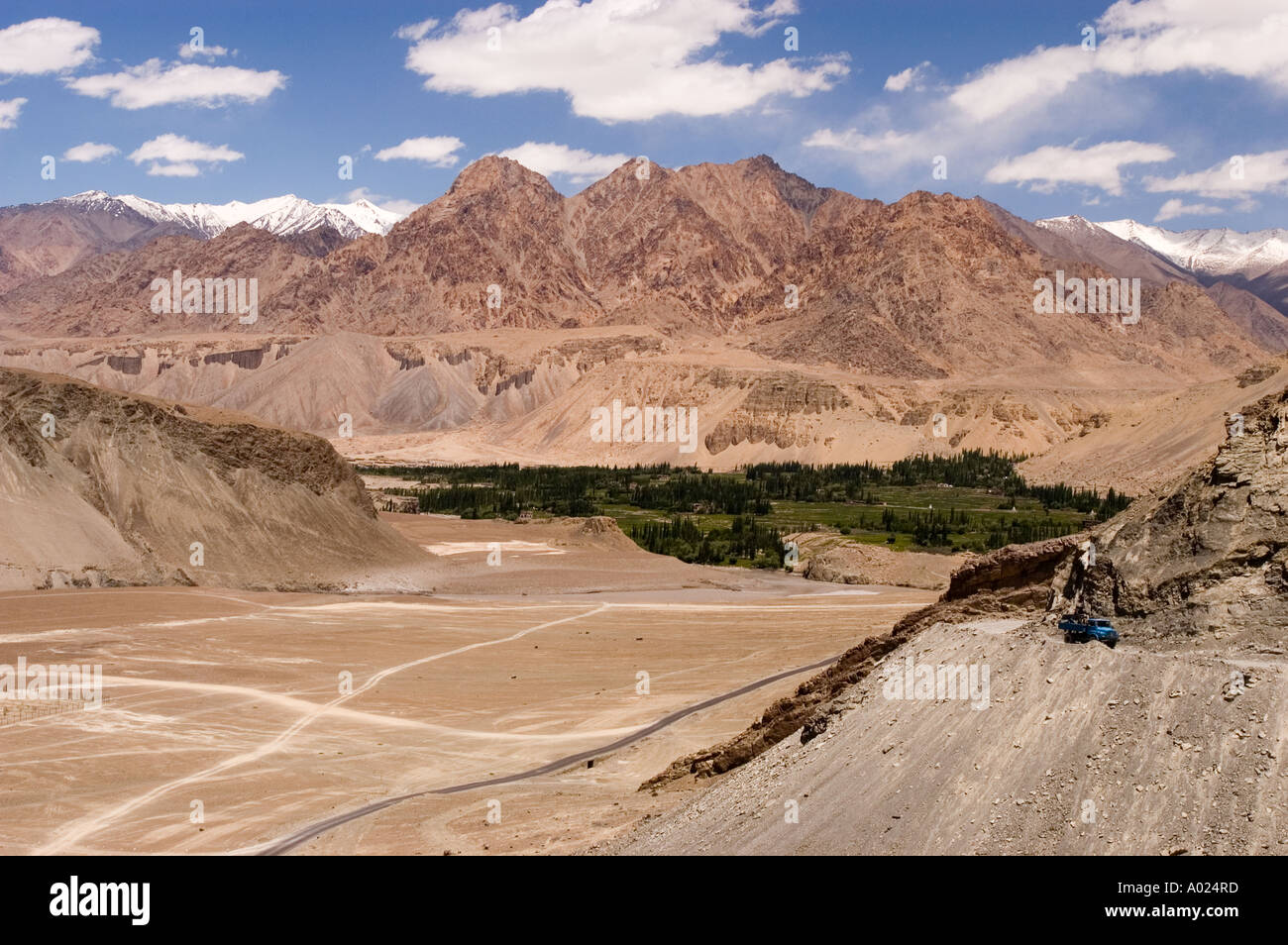 Indus river valley with trees of Phyang village near Leh Ladakh Kashmir ...