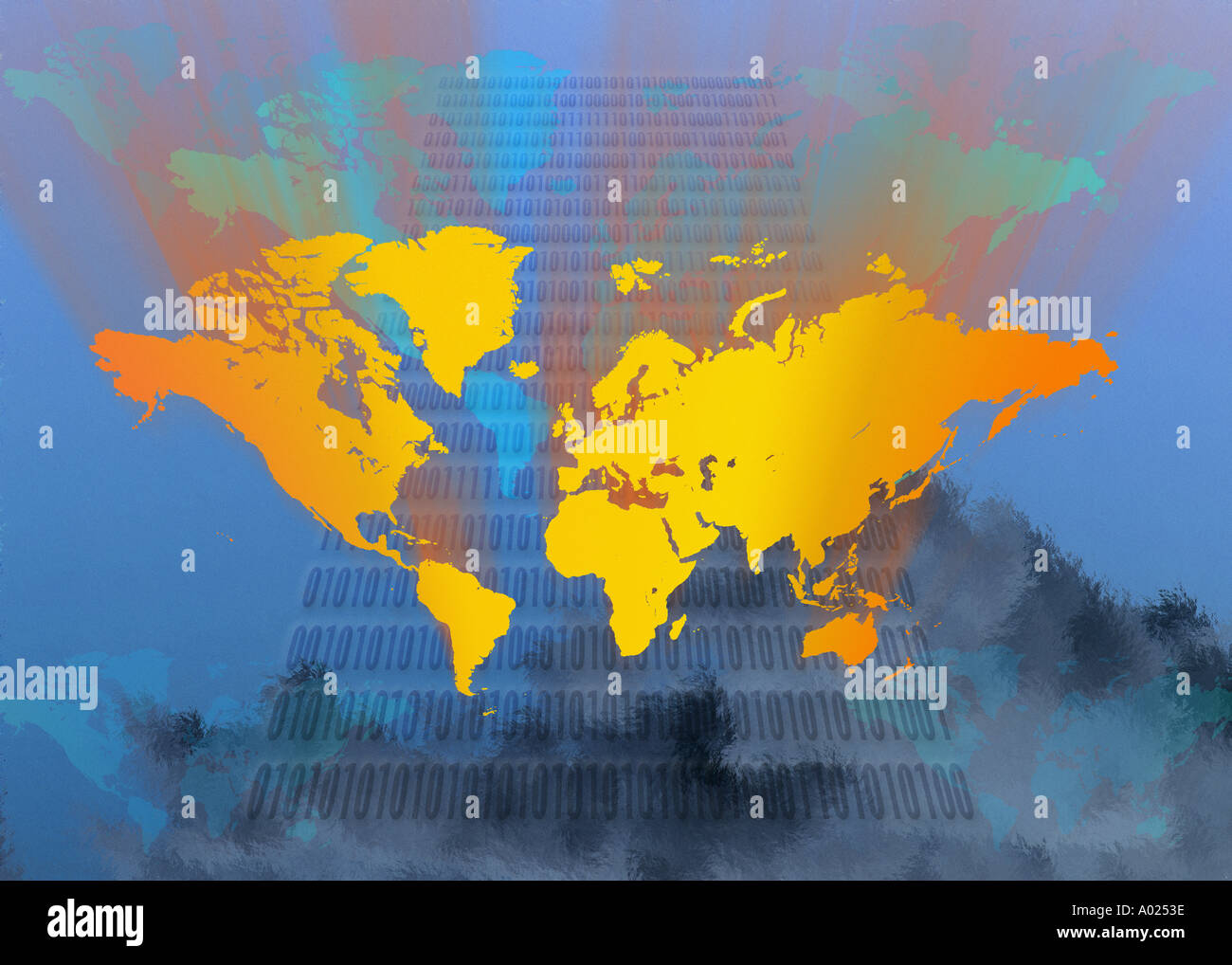 World map and binary numbers - Digital communications Stock Photo - Alamy