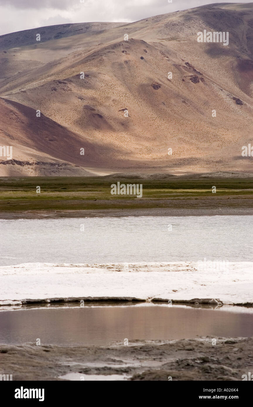 High altitude brakish lake Tso Kar in Rupshu mountain area Ladakh Jammu ...
