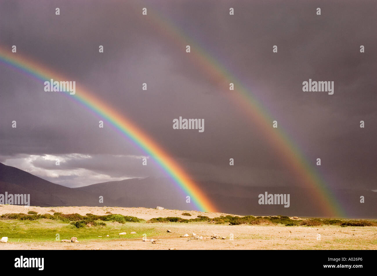 Double Rainbow over Rupshu area near Tso Kar Lake Ladakh Jammu Kashmir ...