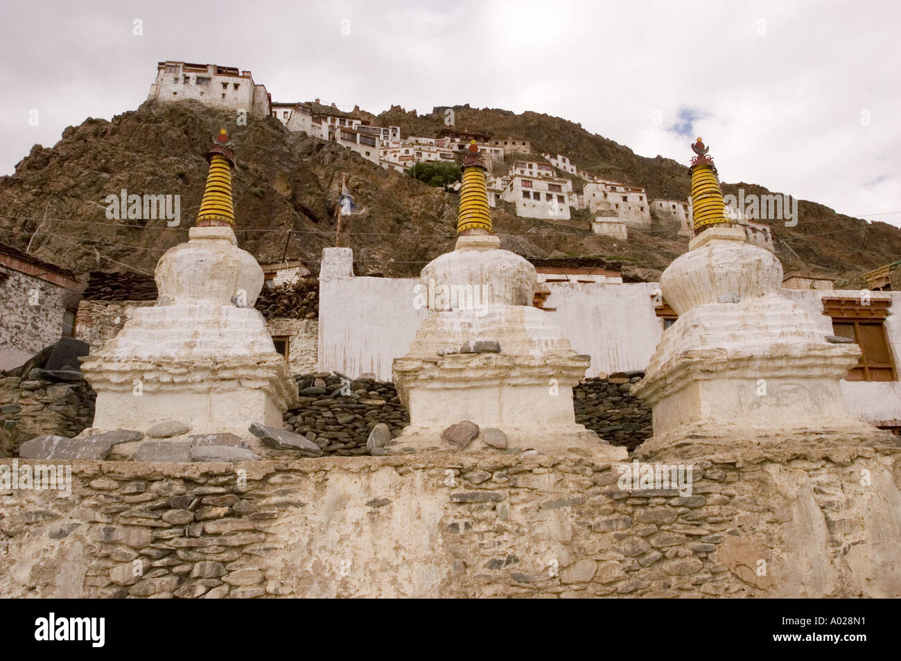 Three white stupas and Karsha Monastery in Zanskar Ladakh Jammu Kashmir India Stock Photo - Alamy