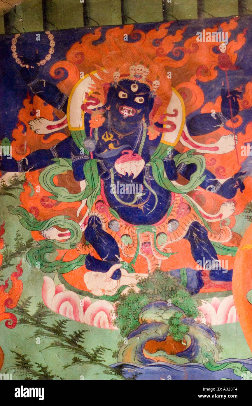 Six armed Mahakala Gelugpa main protector mural paintings in Karsha ...