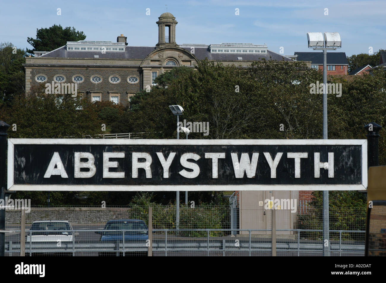aberystwyth railway station sign with University of Wales school of art ...