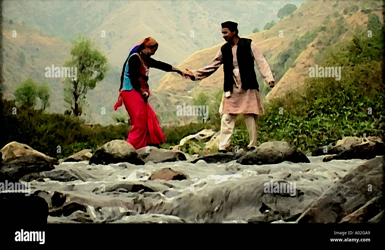 couple crossing stream river Stock Photo - Alamy