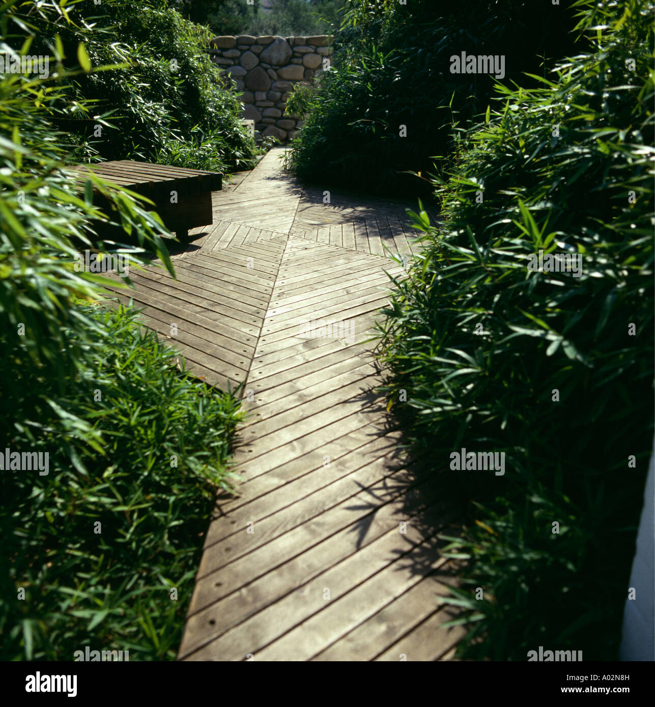 Diagonal decking path through green shrubs Stock Photo - Alamy