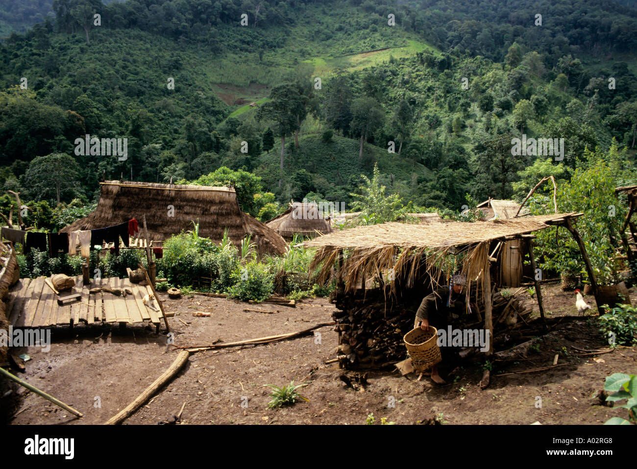 Thailand Northern Wooden Huts In An Akha Tribe Village Stock Photo - Alamy
