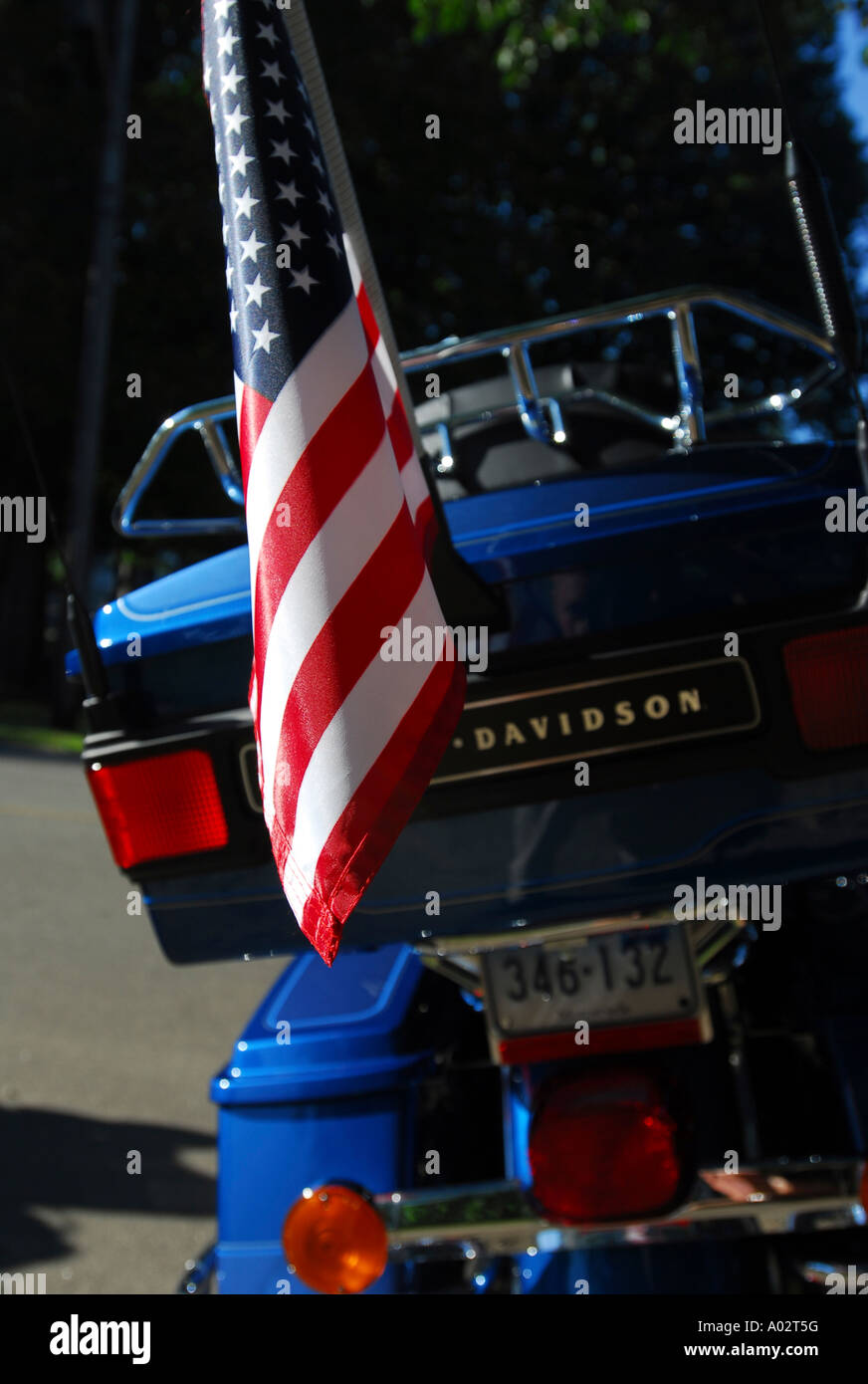 Harley Davidson Motorcycle with american flag mounted on back Stock ...
