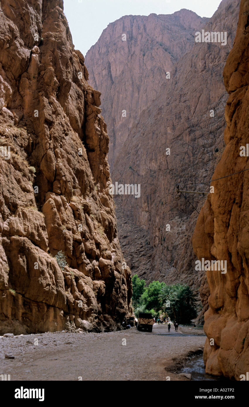 Truck travelling on the dirt road in the canyon, Todra Gorge, Atlas ...