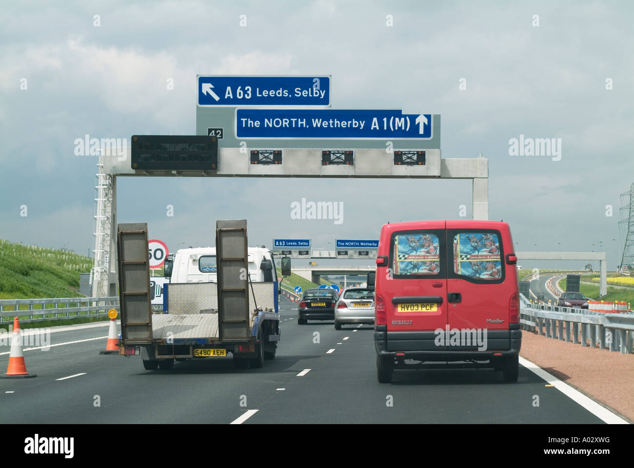 Drivers eye view of the busy A1 driving through roadworks in the uk ...