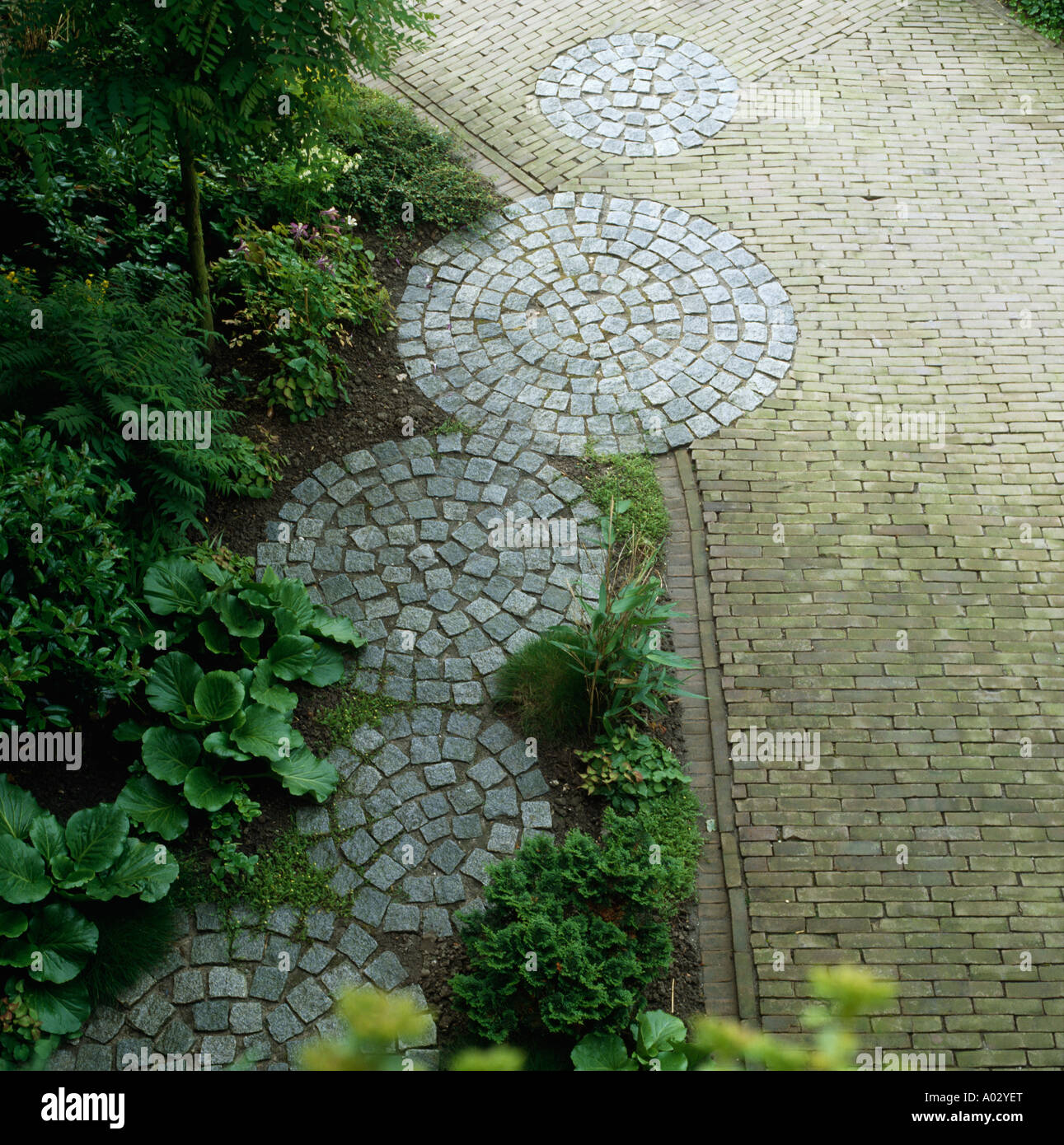 Aerial view of circular paving in garden Stock Photo - Alamy