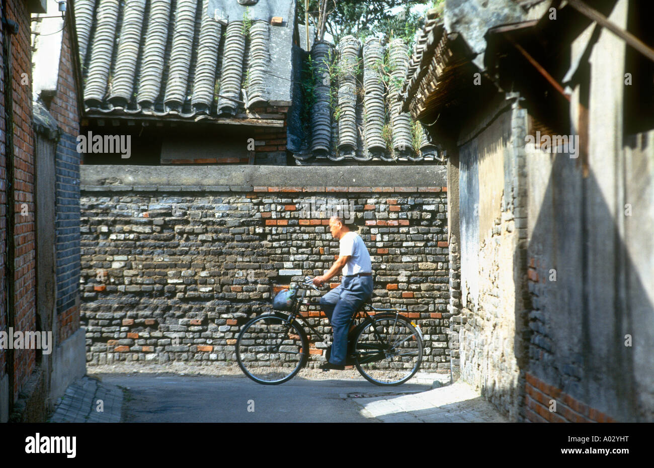 Chinese man cycling through the back streets of old Beijing city China ...