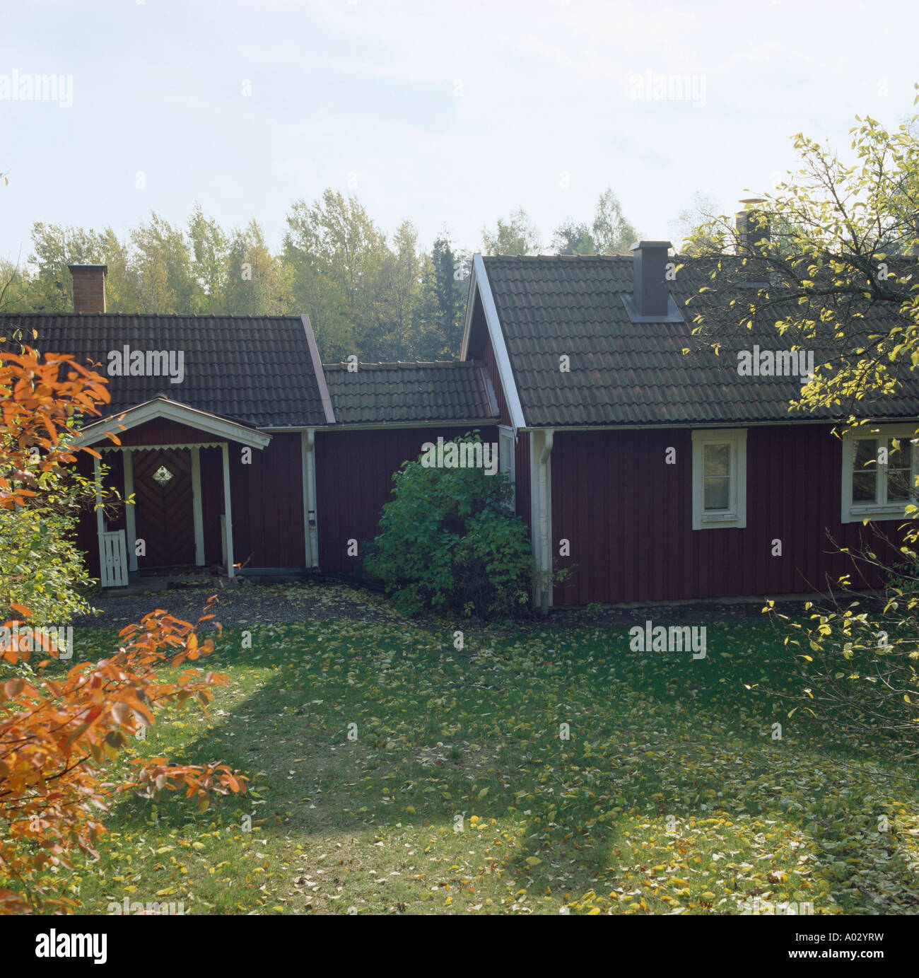 Lawn in front of single storey wooden Swedish house Stock Photo - Alamy