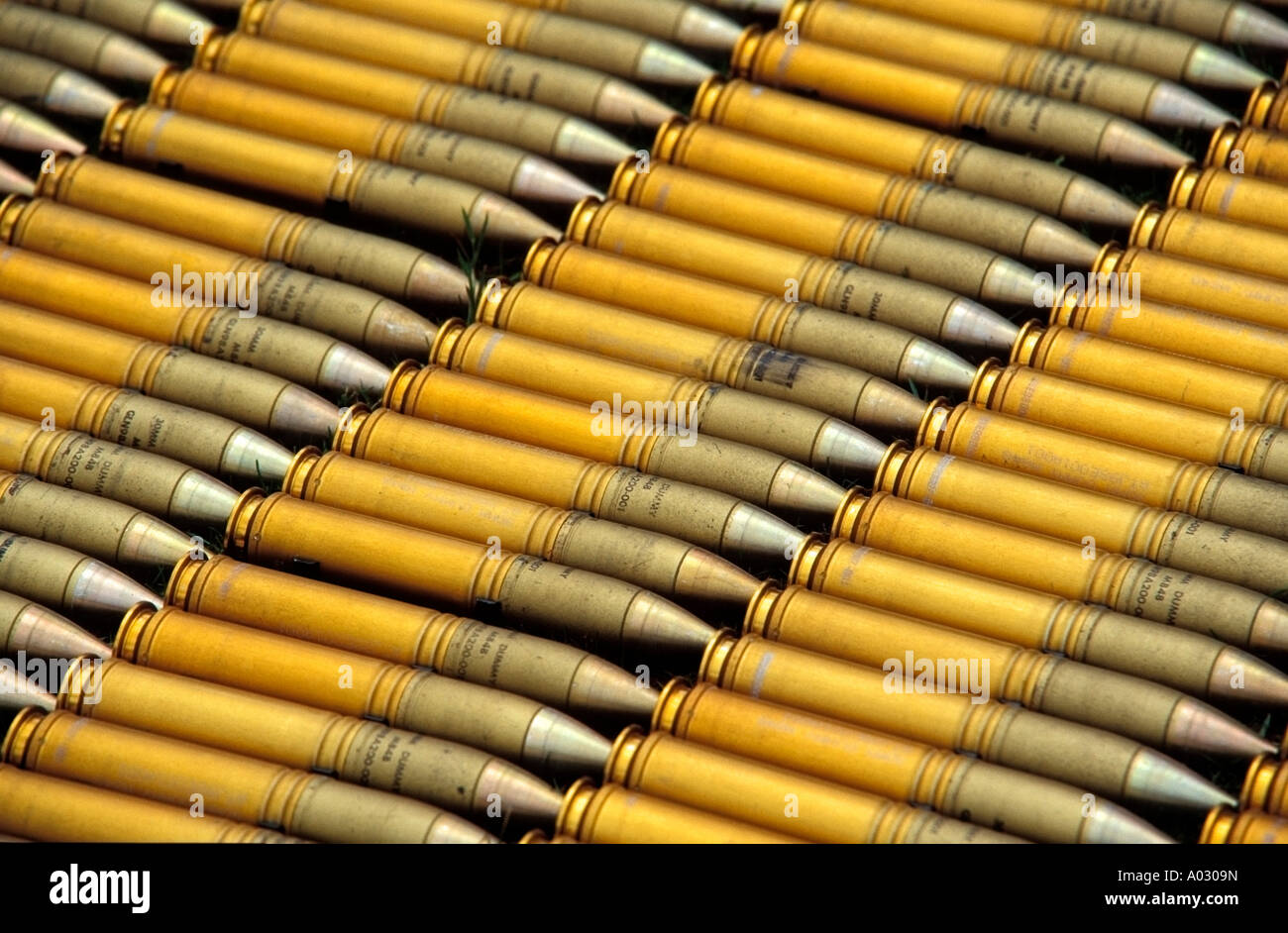 A display of cannon shells from a helicopter gunship Stock Photo - Alamy