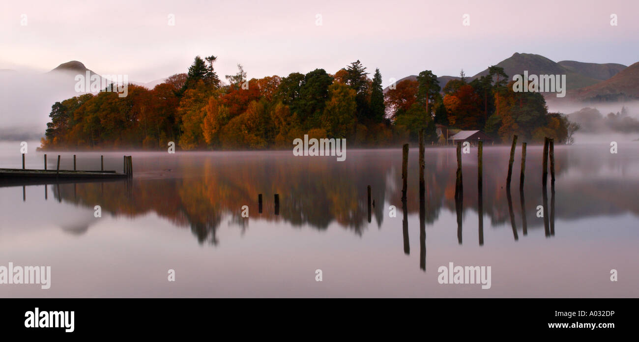 Mist Covered Island On Derwentwater Lake District Cumbria UK Stock ...