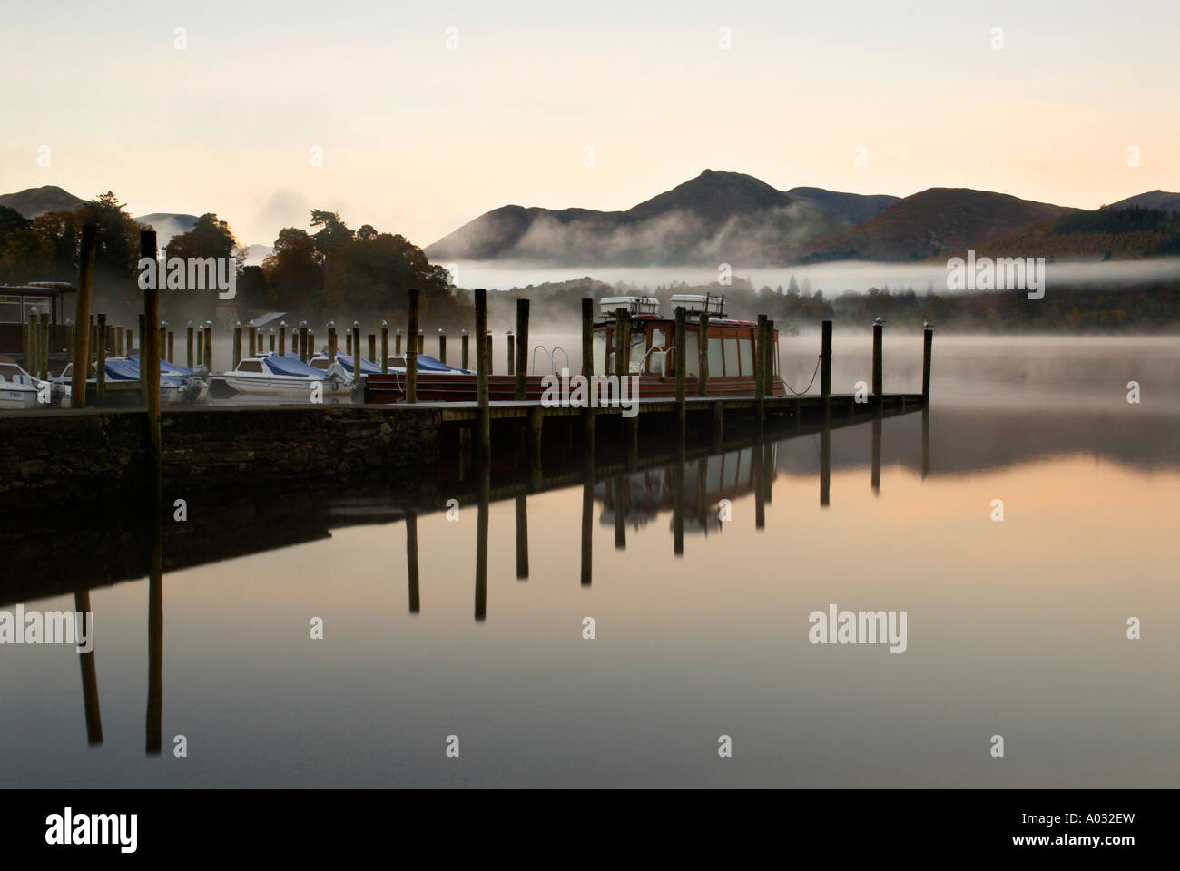 Morning Mist At Mooring Derwentwater Lake District Cumbria UK Stock ...