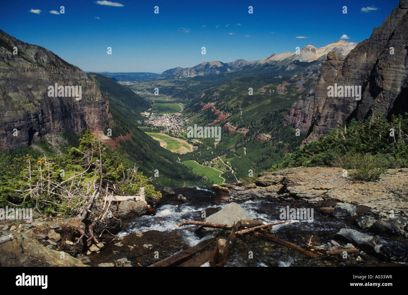 COLORADO Telluride Overlook town from Black Bear Pass road stream ...
