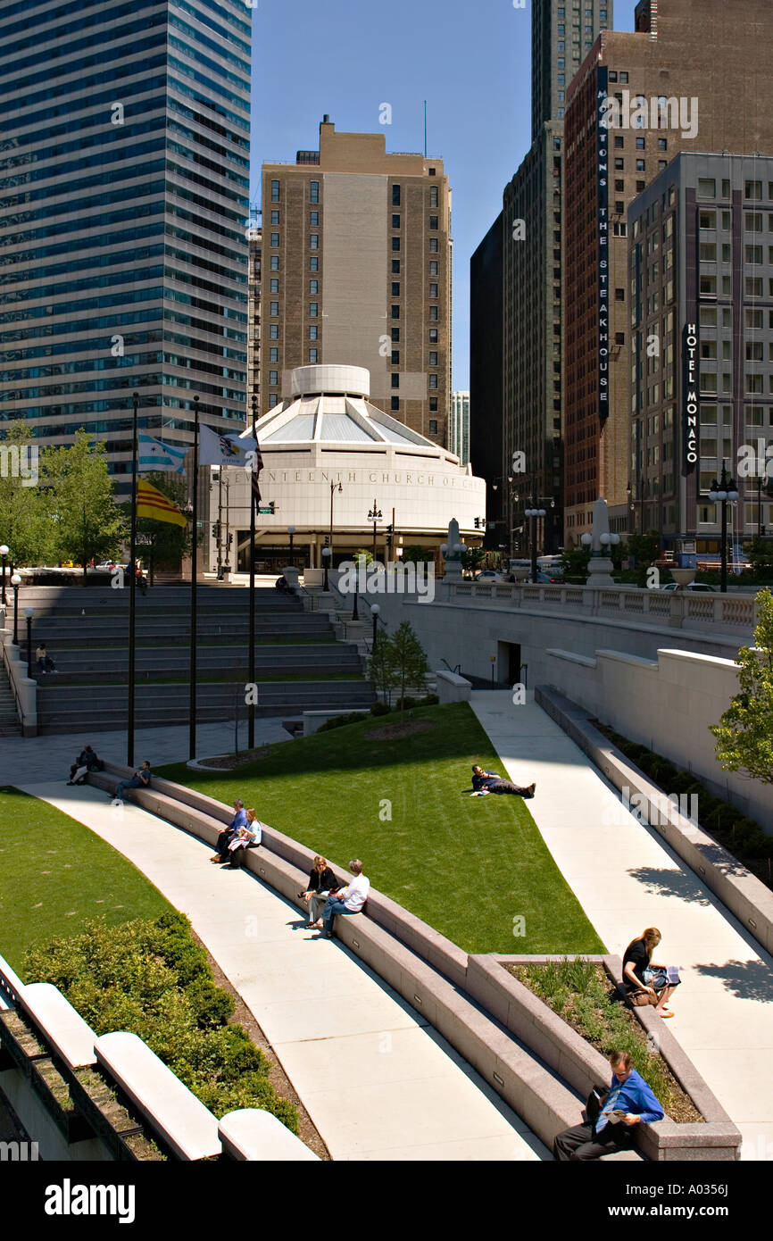 ILLINOIS Chicago People sit outdoors at Vietnam Veterans Memorial Plaza ...