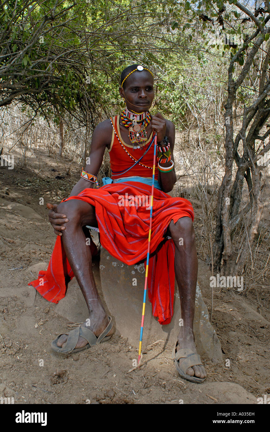Samburu warrior in tribal dress resting in the Nyiru Mountains of ...