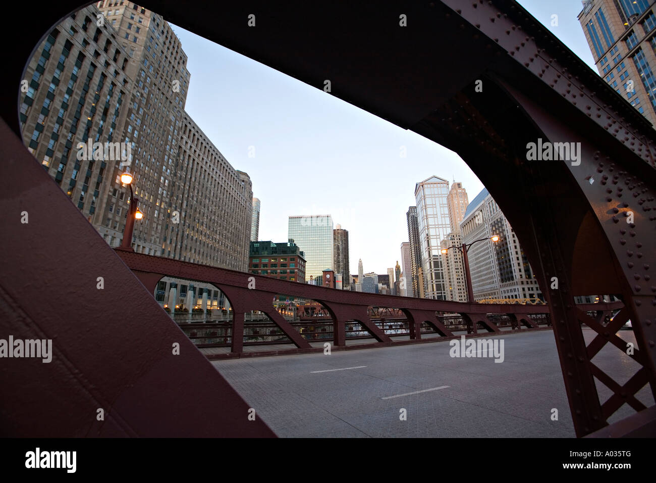 ILLINOIS Chicago Look east down Chicago River in downtown loop area of ...