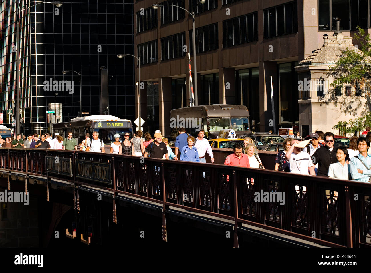 ILLINOIS Chicago Pedestrian and auto traffic on Madison Street bridge ...