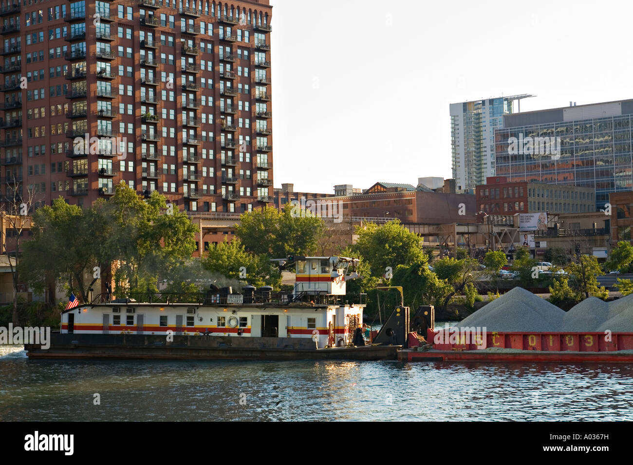 ILLINOIS Chicago Tug boat push barges loaded with gravel up Chicago ...