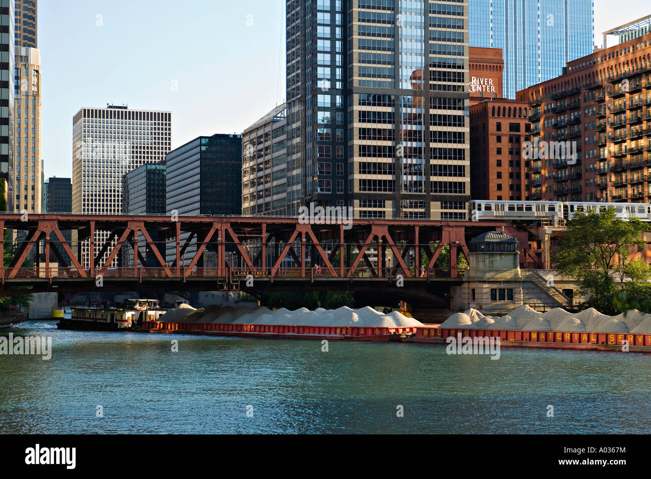 ILLINOIS Chicago Tug boat push barges loaded with gravel up Chicago ...