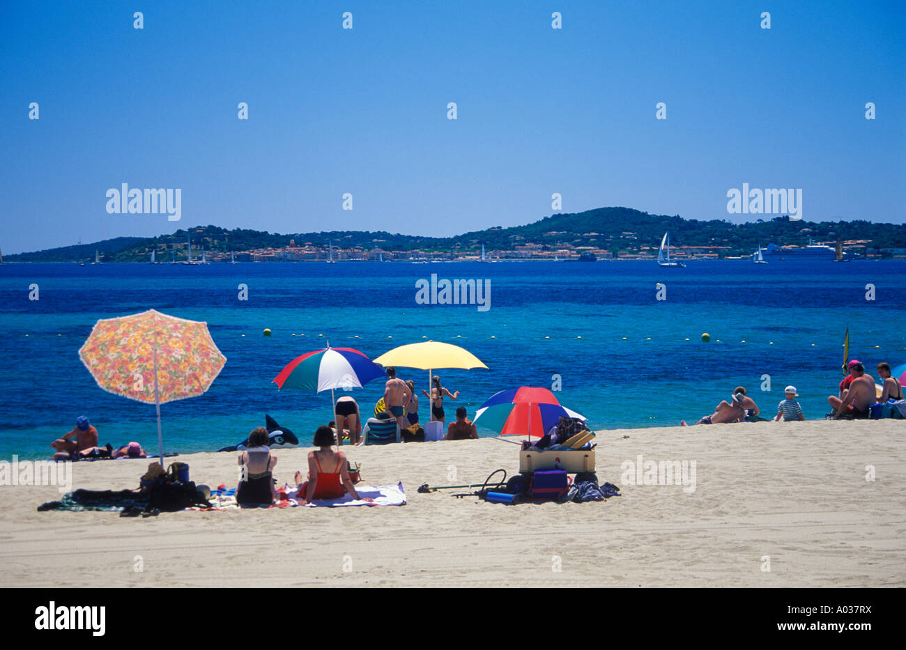 beach of Saint Maxime at the Cote d´Azur in the South of France with ...
