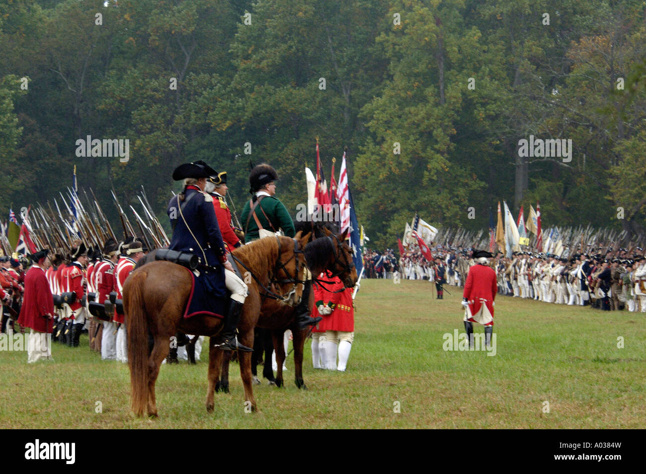 American, French, and British armies on the field in a reenactment of ...