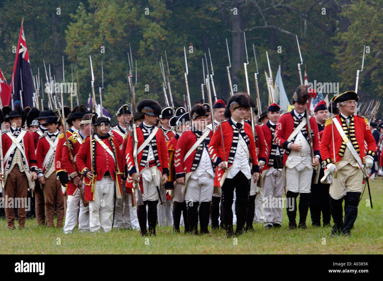 British army marches onto the field in a reenactment of the surrender ...