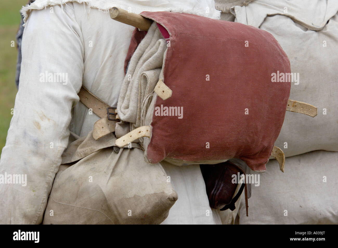 Knapsack of a French soldier reenactor at the Yorktown battlefield ...