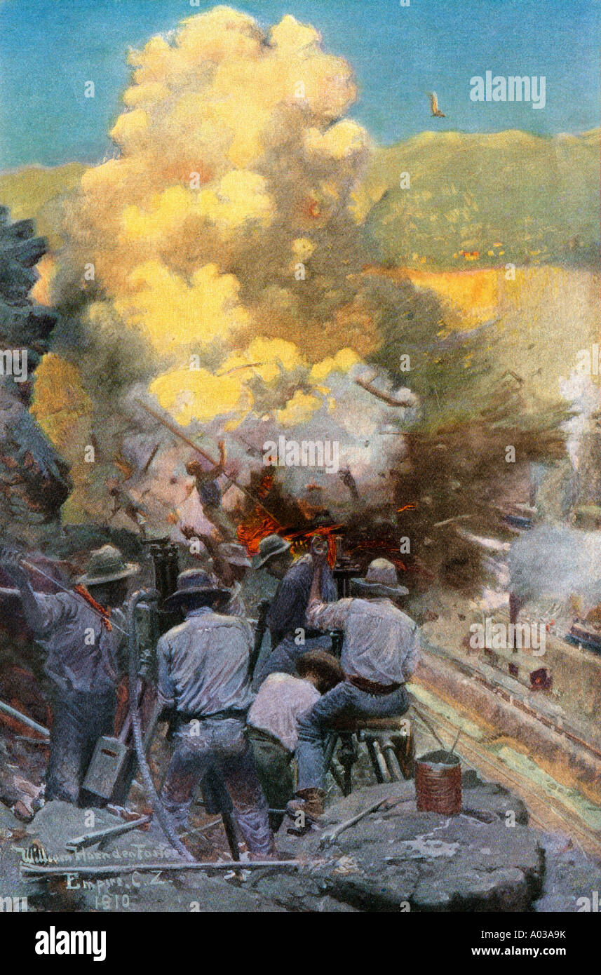 Premature explosion in building the Panama Canal early 1900s. Color ...