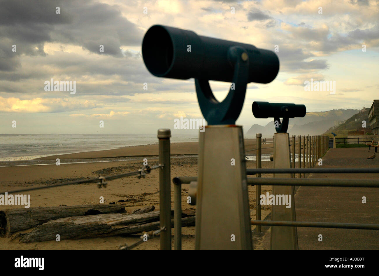 Spotting or observing scopes for tourists on a beach along the ...