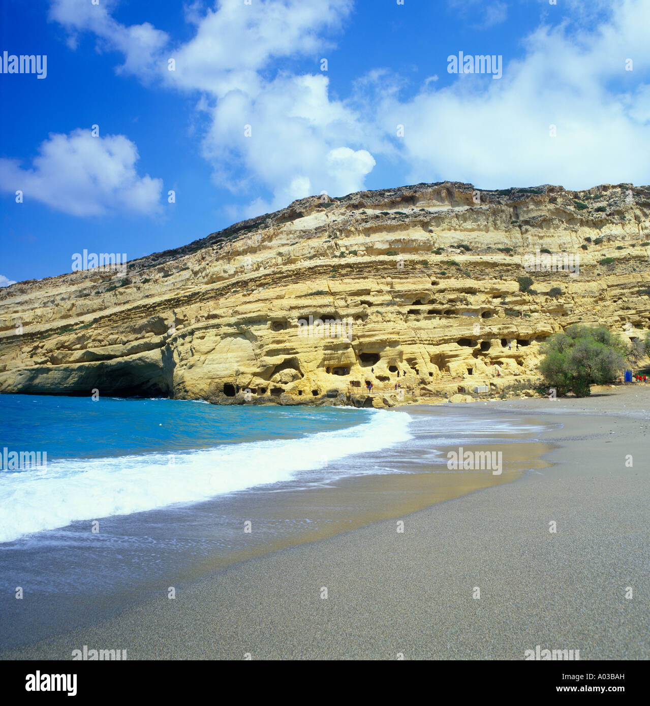 limestone caves at the beach of Matala on the Greek Island of Crete ...