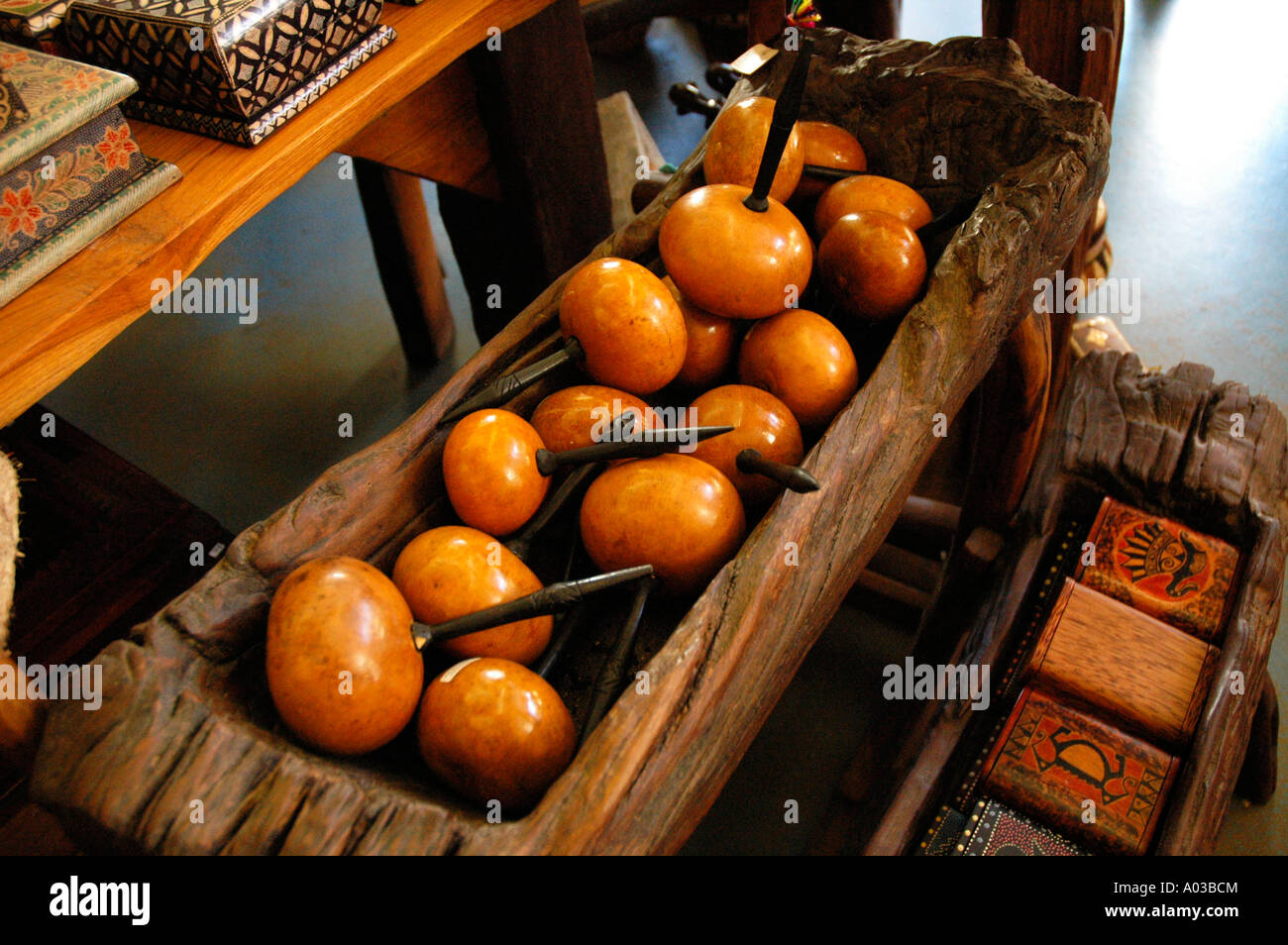 Maracas, decorative boxes, small leather wallets, and other curios in a ...