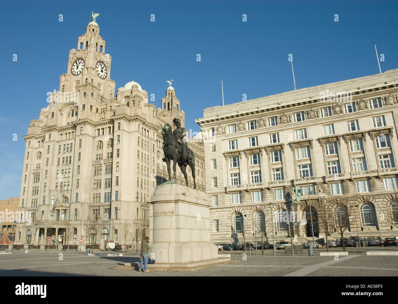 The Royal Liver Building and Cunard Building with statue of Edward VII ...