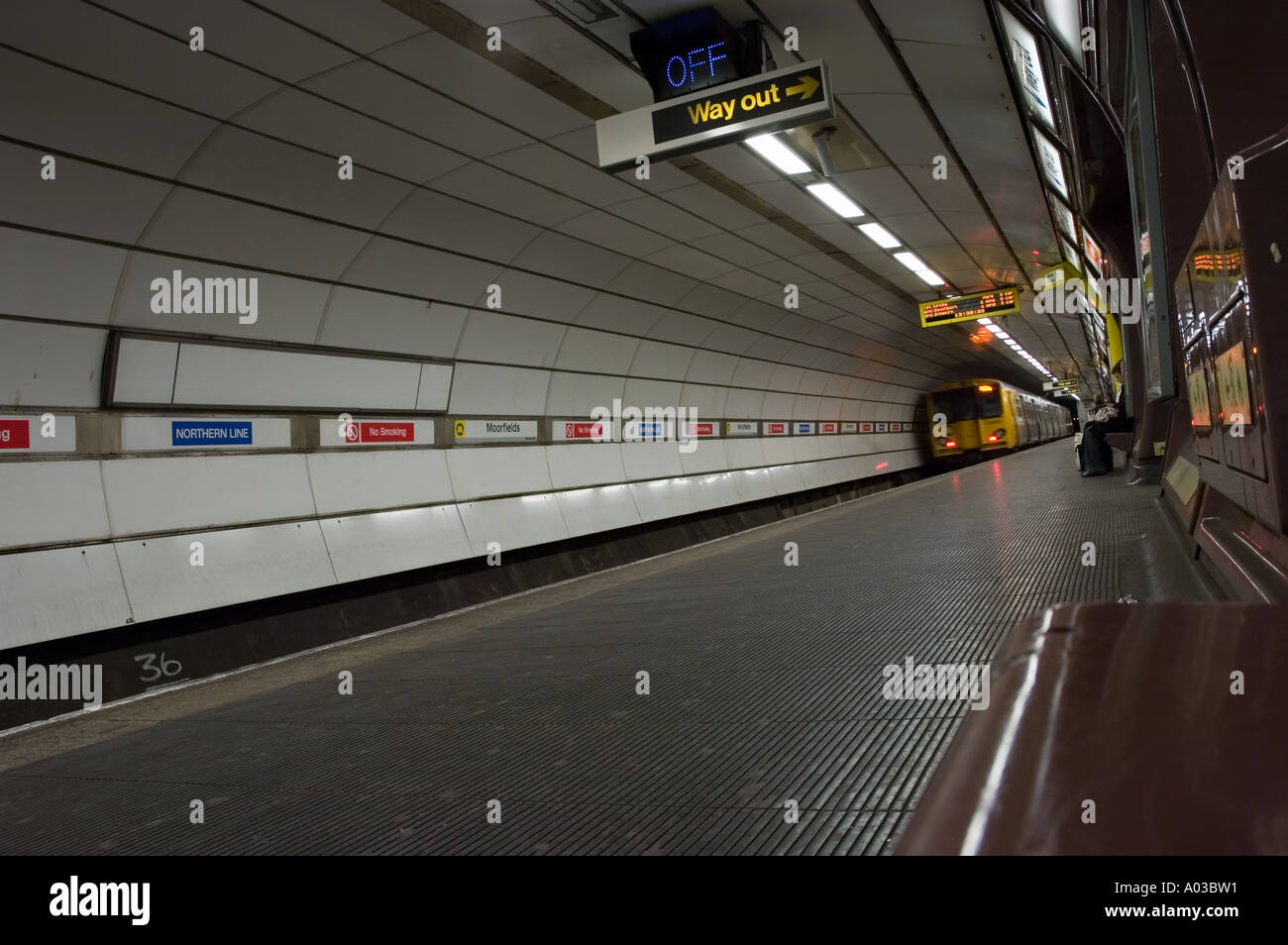 Train leaving the platform Moorfields Railway station on the Northern ...