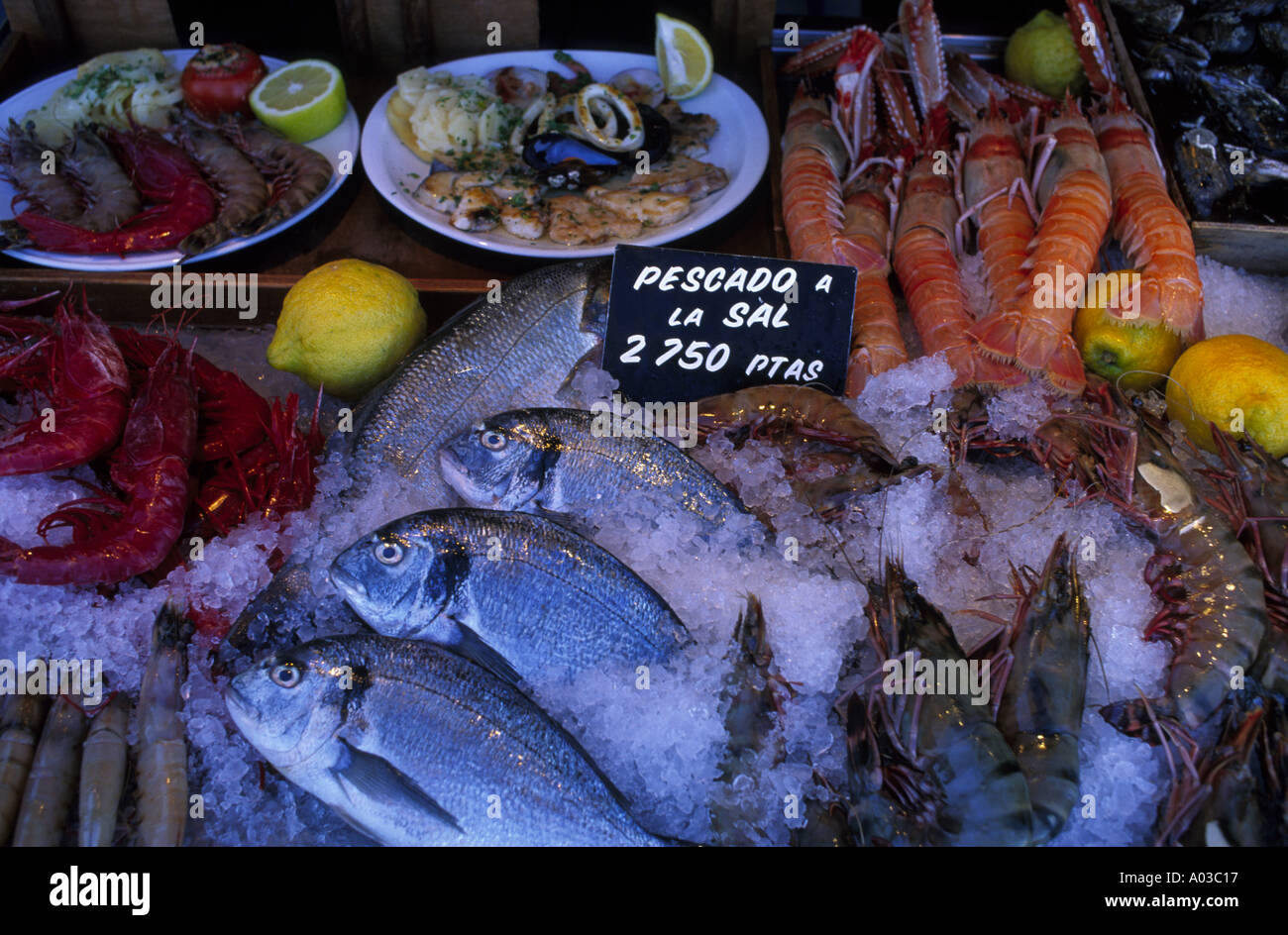 Fish display restaurant in southern Spain Stock Photo - Alamy