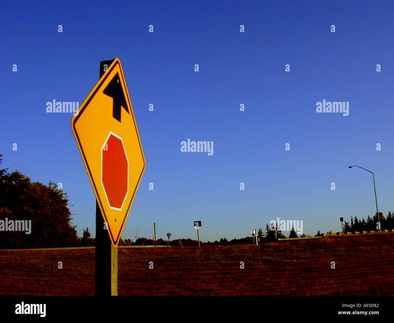 Road sign in western Washington state warning of stop sign ahead ...