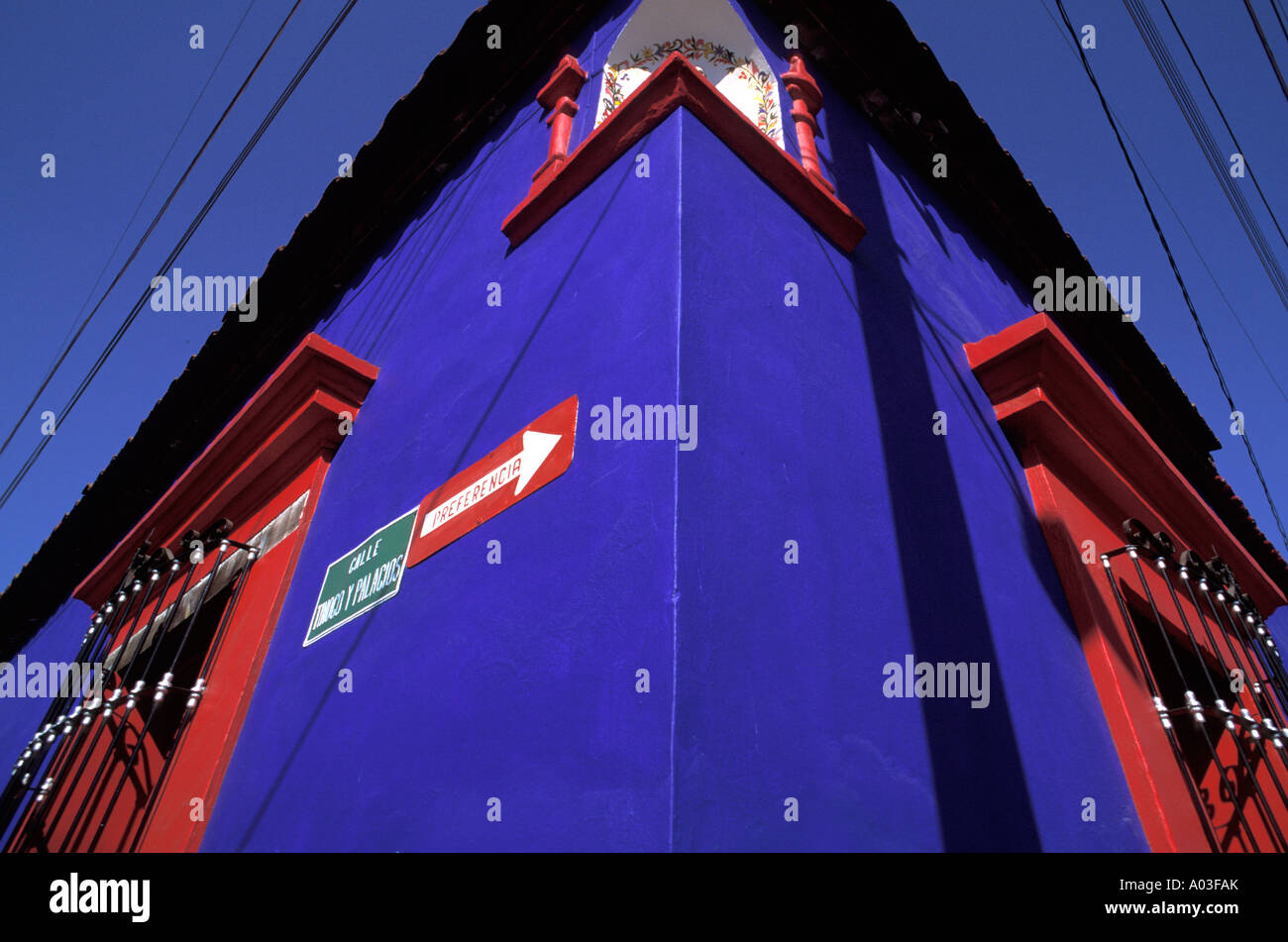 Stock image of a bright blue corner building in Oaxaca Oaxaca Mexico ...