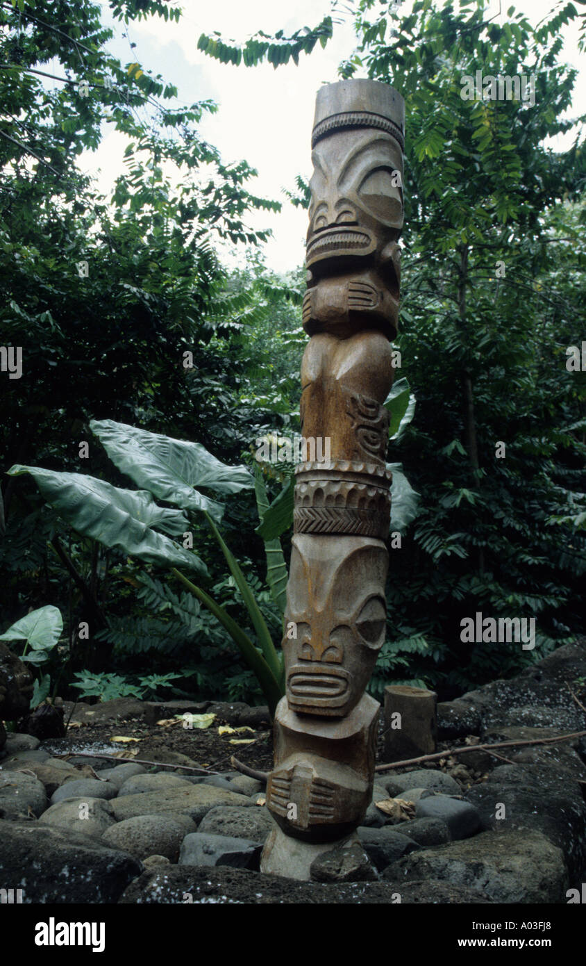 Carved wooden totems Nuku Hiva the Marquesas Islands French Polynesia ...