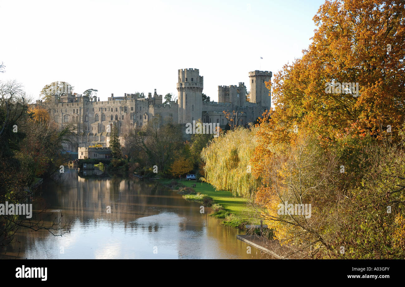 Warwick Castle and River Avon in autumn, Warwickshire, England, UK ...