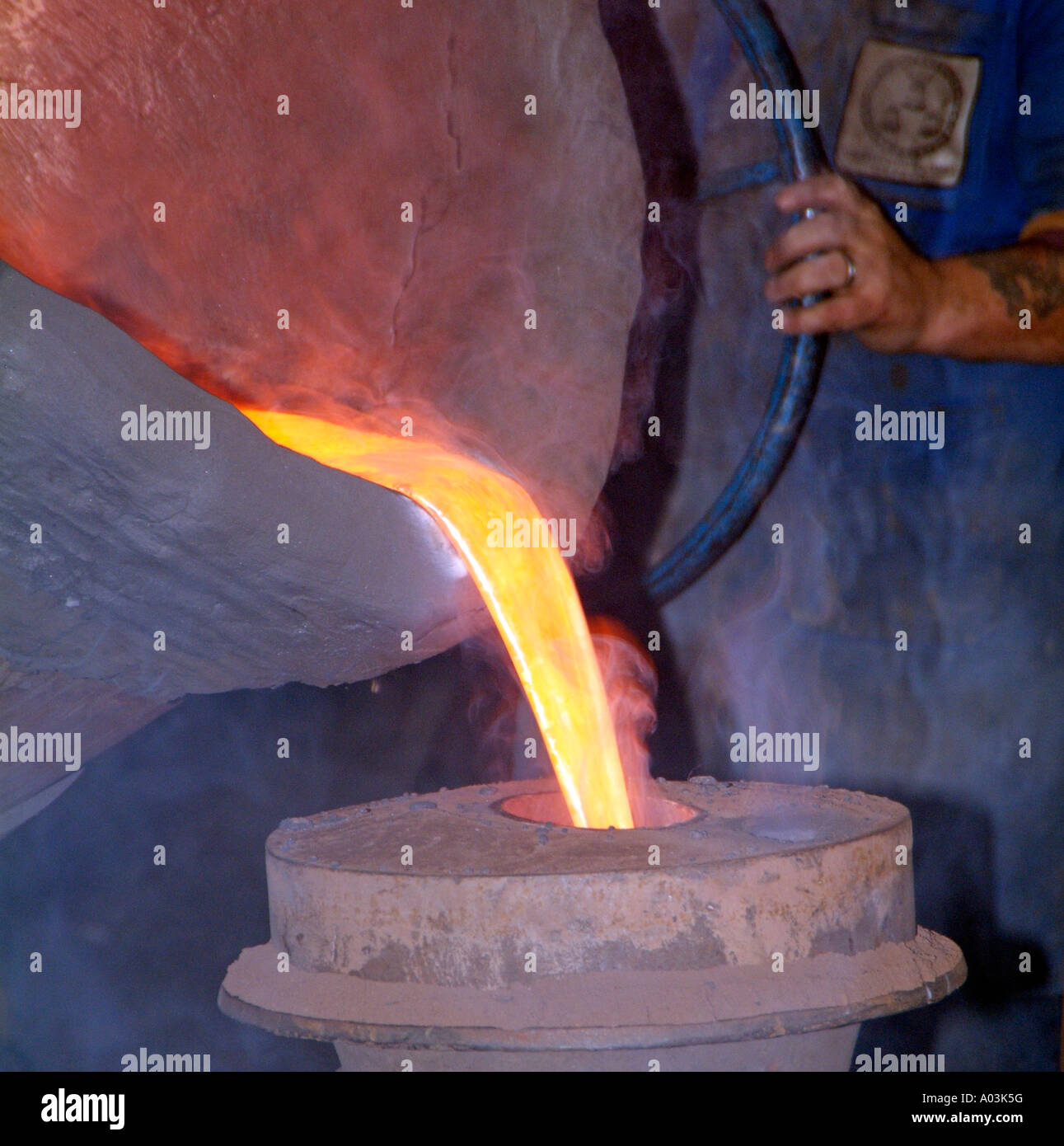 Casting a church bell.Molten metal pouring into a bell mould at ...