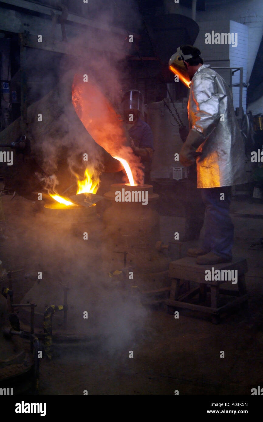 Casting a church bell.Molten metal pouring into a bell mould at ...