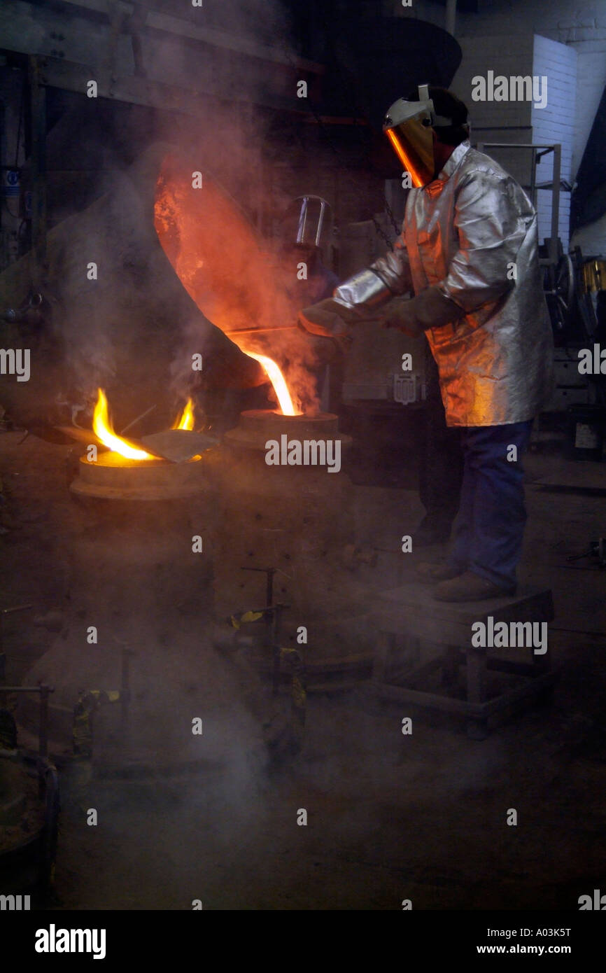 Casting a church bell.Molten metal pouring into a bell mould at ...
