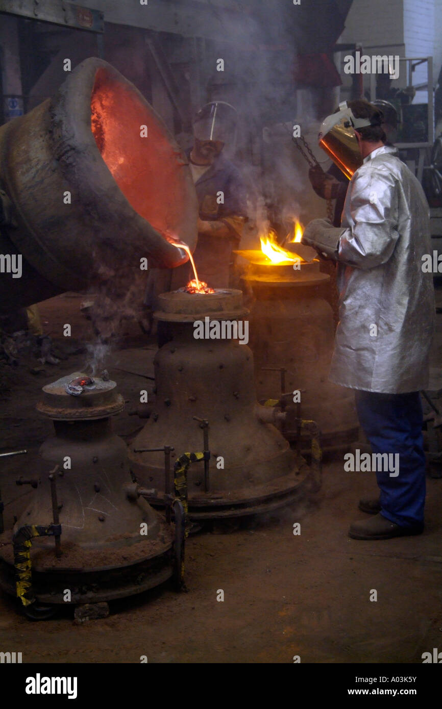 Casting a church bell.Molten metal pouring into a bell mould at ...