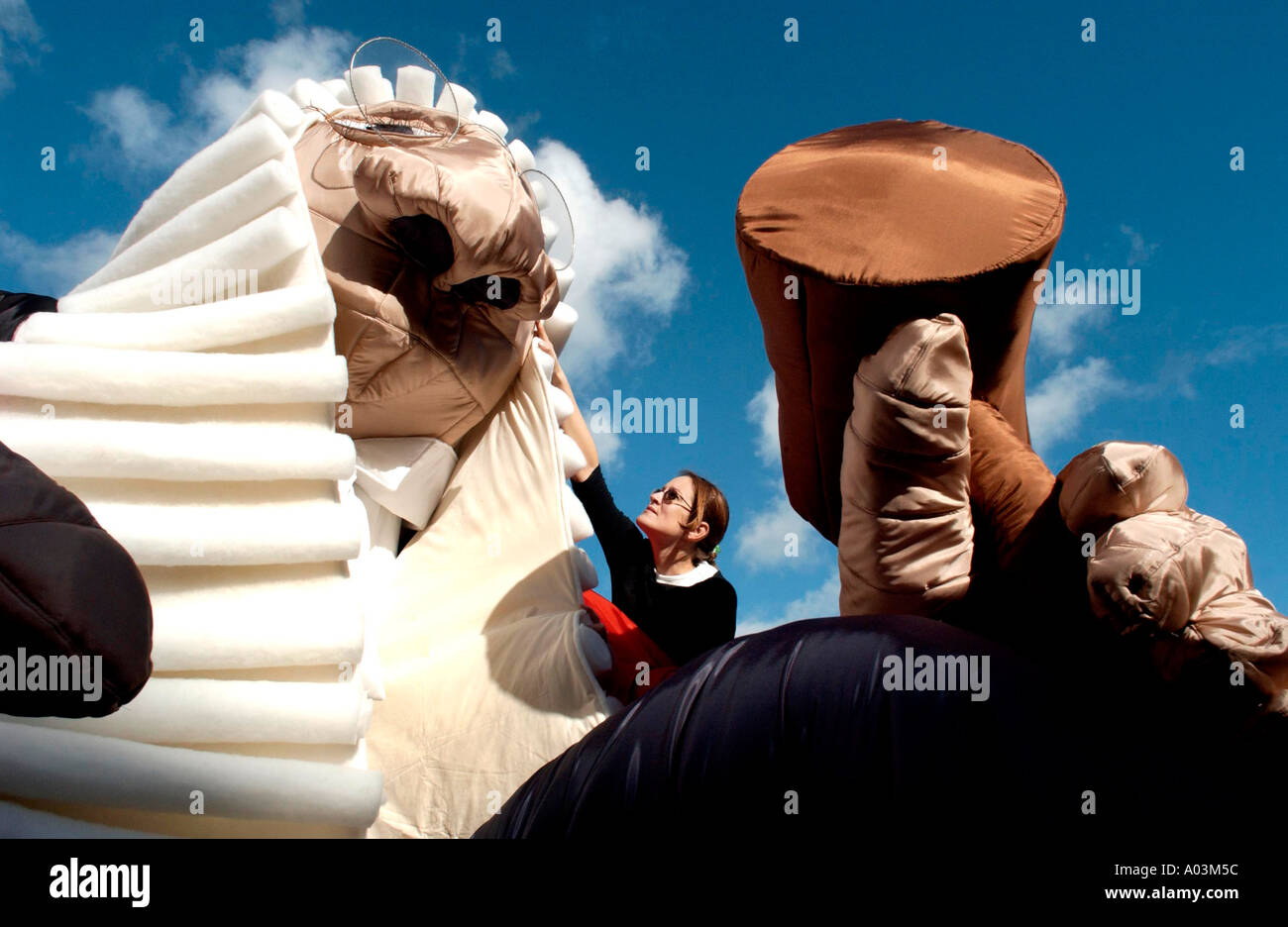 A puppet Judge called Legal eagle is made ready for a carnival parade ...