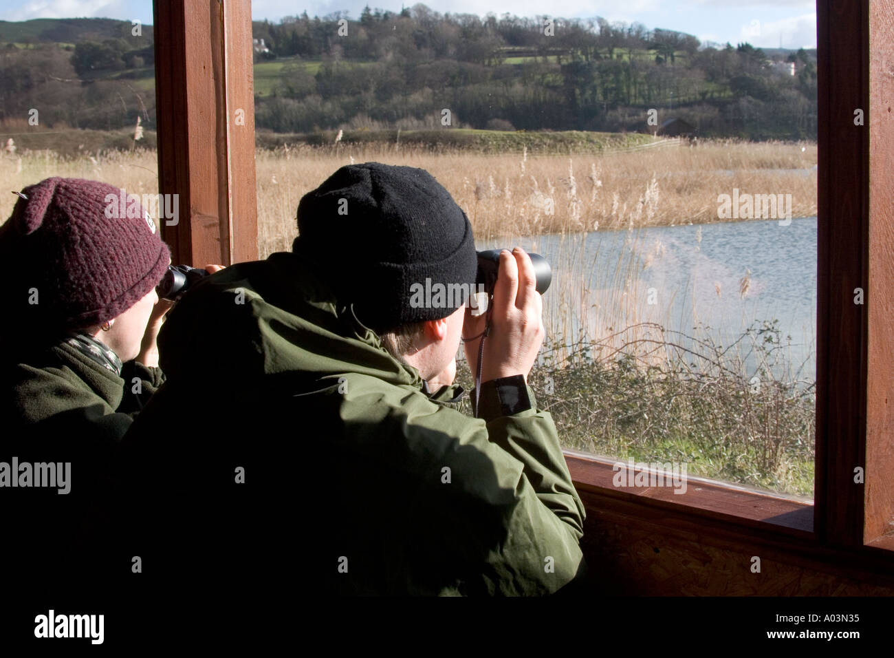 Bird watchers at RSPB reserve in North Wales GB UK Stock Photo - Alamy